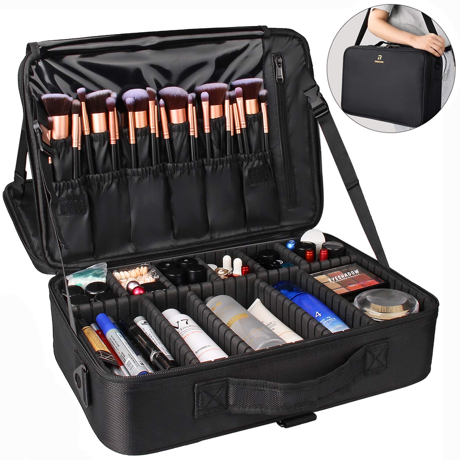 Relavel Makeup Case Large Makeup Bag Professional Train Case 16.5 inches Travel Cosmetic Organizer Brush Holder Waterproof Makeup Artist Storage Box, 3 Layer Large Capacity, with Adjustable Strap