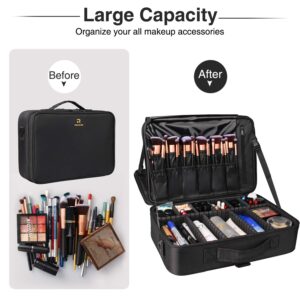 Relavel Makeup Case Large Makeup Bag Professional Train Case 16.5 inches Travel Cosmetic Organizer Brush Holder Waterproof Makeup Artist Storage Box, 3 Layer Large Capacity, with Adjustable Strap