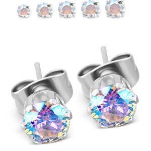 5 Pairs of Surgical Stainless Steel Aurora Borealis Crystal CZ Stud Earrings 3,4,5,6, & 7mm