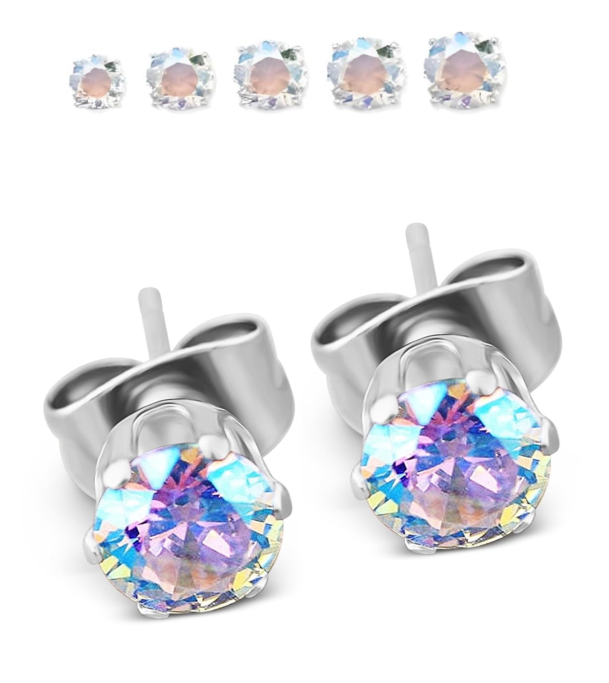 5 Pairs of Surgical Stainless Steel Aurora Borealis Crystal CZ Stud Earrings 3,4,5,6, & 7mm