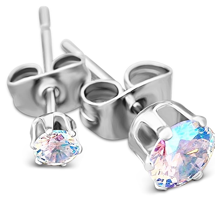 5 Pairs of Surgical Stainless Steel Aurora Borealis Crystal CZ Stud Earrings 3,4,5,6, & 7mm