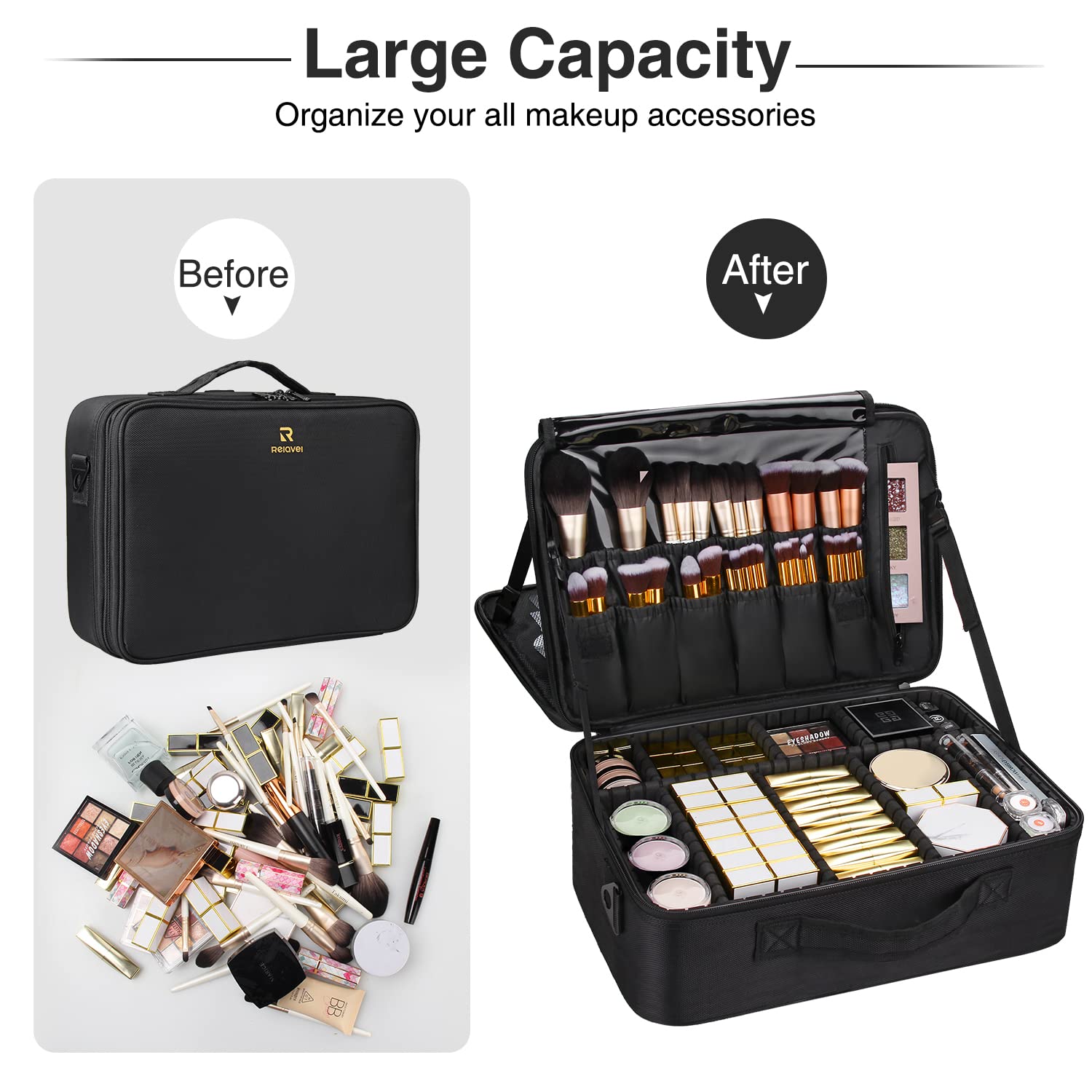 MONSTINA 16.5'' Large Capacity Makeup Case 3 Layers Cosmetic Organizer Brush Bag Makeup Train Case Makeup Artist Box for Hair Curler Hair Straightener Brush Set and Cosmetics