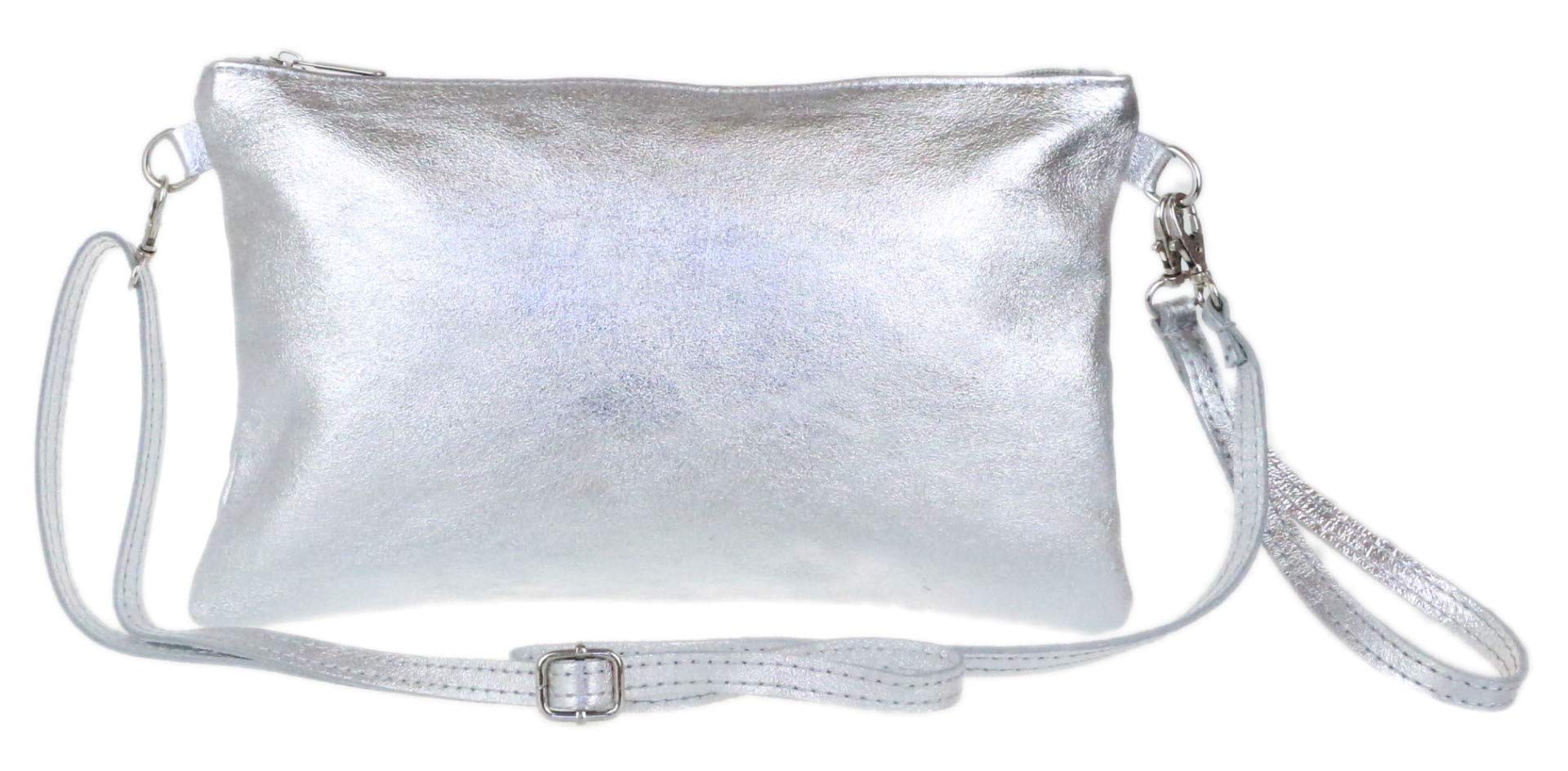 Girly HandBags Womens Genuine Italian Metallic Leather Clutch Bag Silver