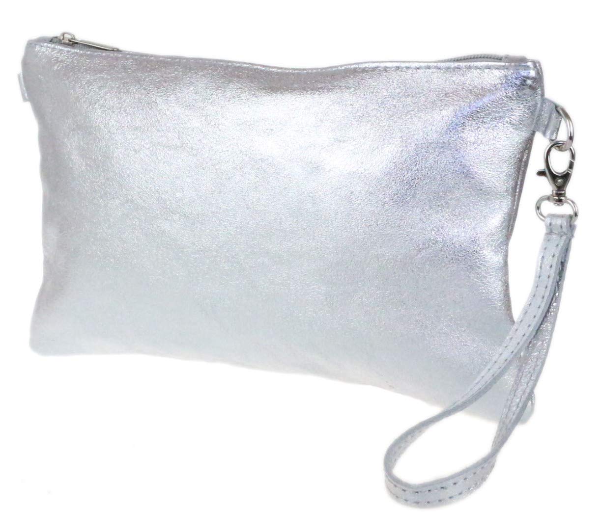 Girly HandBags Womens Genuine Italian Metallic Leather Clutch Bag Silver