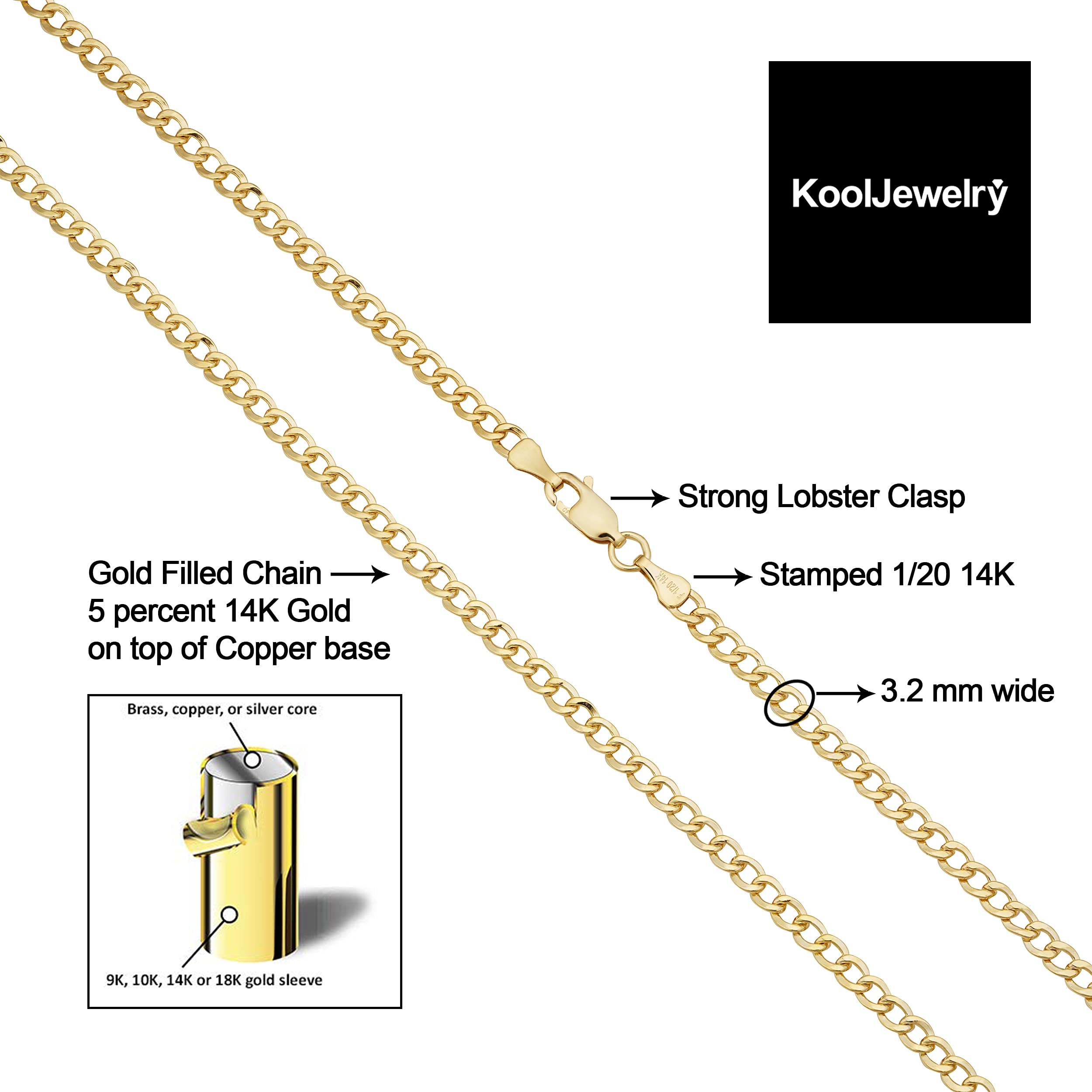 Kooljewelry 14k Yellow Gold Filled 3.2 mm High Polish Miami Cuban Curb Chain Necklace