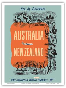 australia - new zealand - fly by clipper - pan american world airways - vintage airline travel poster c.1951 - master art print (unframed) 9in x 12in