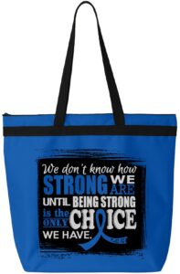 fight like a girl how strong we are darcey tote bag for arthritis, colon cancer, rectal cancer awareness - blue ribbon