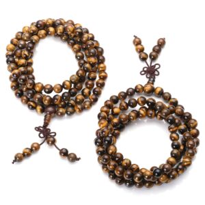 Jovivi Tibetan 8mm 108 Natural Tiger Eye Gemstone Beads Prayer Mala Bracelet Necklace