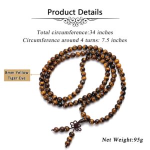 Jovivi Tibetan 8mm 108 Natural Tiger Eye Gemstone Beads Prayer Mala Bracelet Necklace