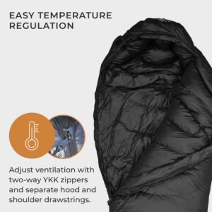 Hyke & Byke Quandary 15°F Cold Weather Mummy Hiking & Backpacking Sleeping Bag - Duck Down 650 FP 3 Season Sleeping Bags for Adults - Ultralight with Compression Stuff Sack (Black, Long)