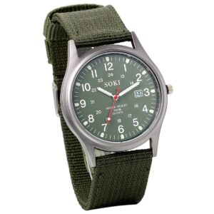 jewelrywe men's military green dial nylon strap quartz calendar wrist watch night vision luminous wristwatch for father's day