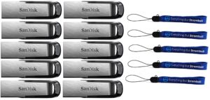 sandisk ultra flair usb (10 pack) 3.0 flash drive high performance jump drive/thumb drive/pen drive up to 130mb/s - bundle with (5) everything but stromboli lanyard (16gb)