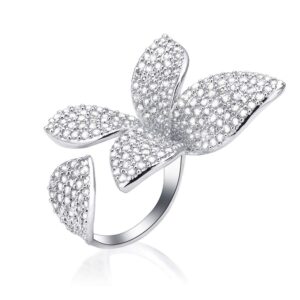 dnswez silver double finger ring, statement big butterfly open adjustable rings silver full cz flower cocktail rings jewelry gifts - mothers day gifts (light gray, adjustable)