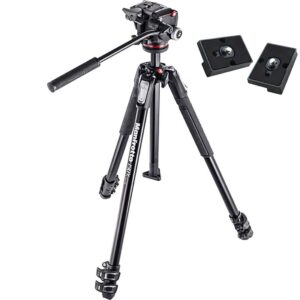 manfrotto mk190x3-2w 190 aluminum 3 section tripod kit with mhxpro-2w fluid head (black) and two zaykir quick release plates for the rc2 rapid connect adapter