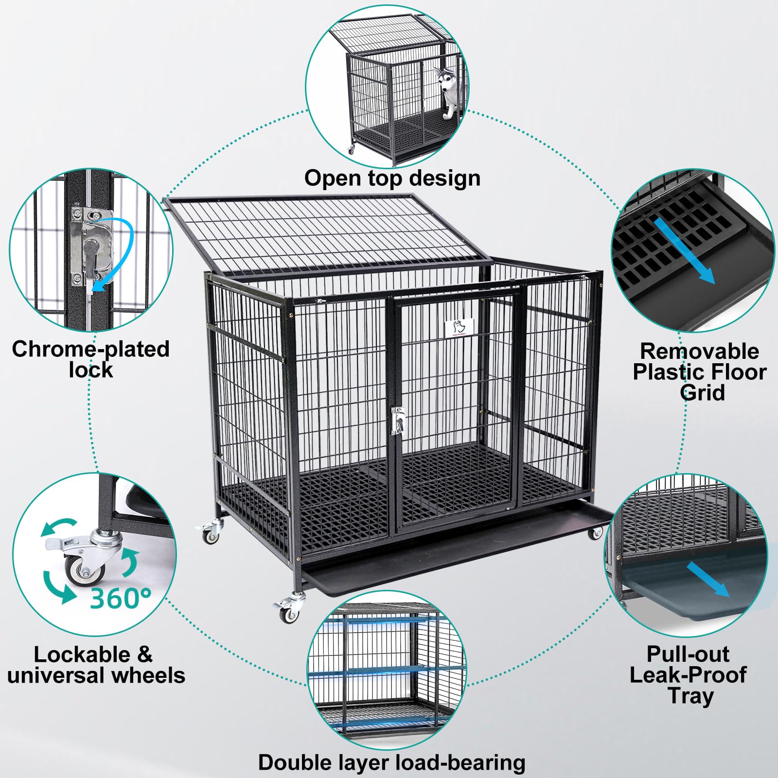 Homey Pet Three Levels 36 Inch Dog Crate, Escape Proof Dog Cage Kennel Indoor with Top Access and Lockable Wheels, Removable Tray, Heavy Duty Dog Crates for Medium/Small Dogs