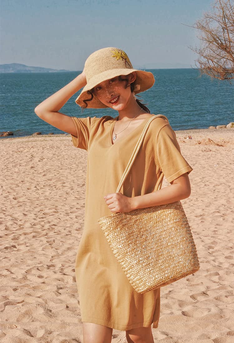 TONWHAR® Simple Elegant Straw Woven Beach Tote Bag Purse (Natural Color)