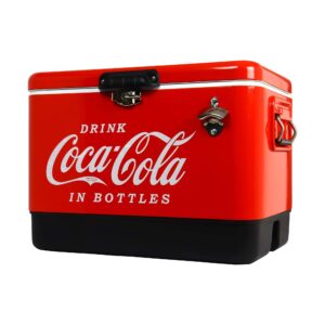 coca-cola ice chest beverage cooler with bottle opener, 51l (54 qt), 85 can capacity portable cooler, red and black, for camping, beach, rv, bbqs, tailgating, fishing