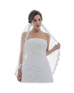 samky 1t 1 tier floral scallop embroided lace pearl veil - white fingertip length 36" v470