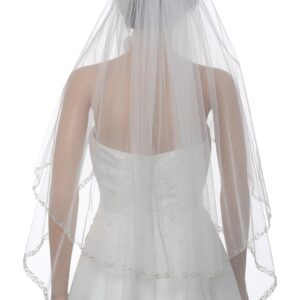 SAMKY 2T 2 Tier Dual Edge Embroided Pearl Crystal Beaded Veil - Light Ivory Fingertip Length 36" V453