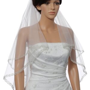 SAMKY 2T 2 Tier Dual Edge Embroided Pearl Crystal Beaded Veil - Light Ivory Fingertip Length 36" V453