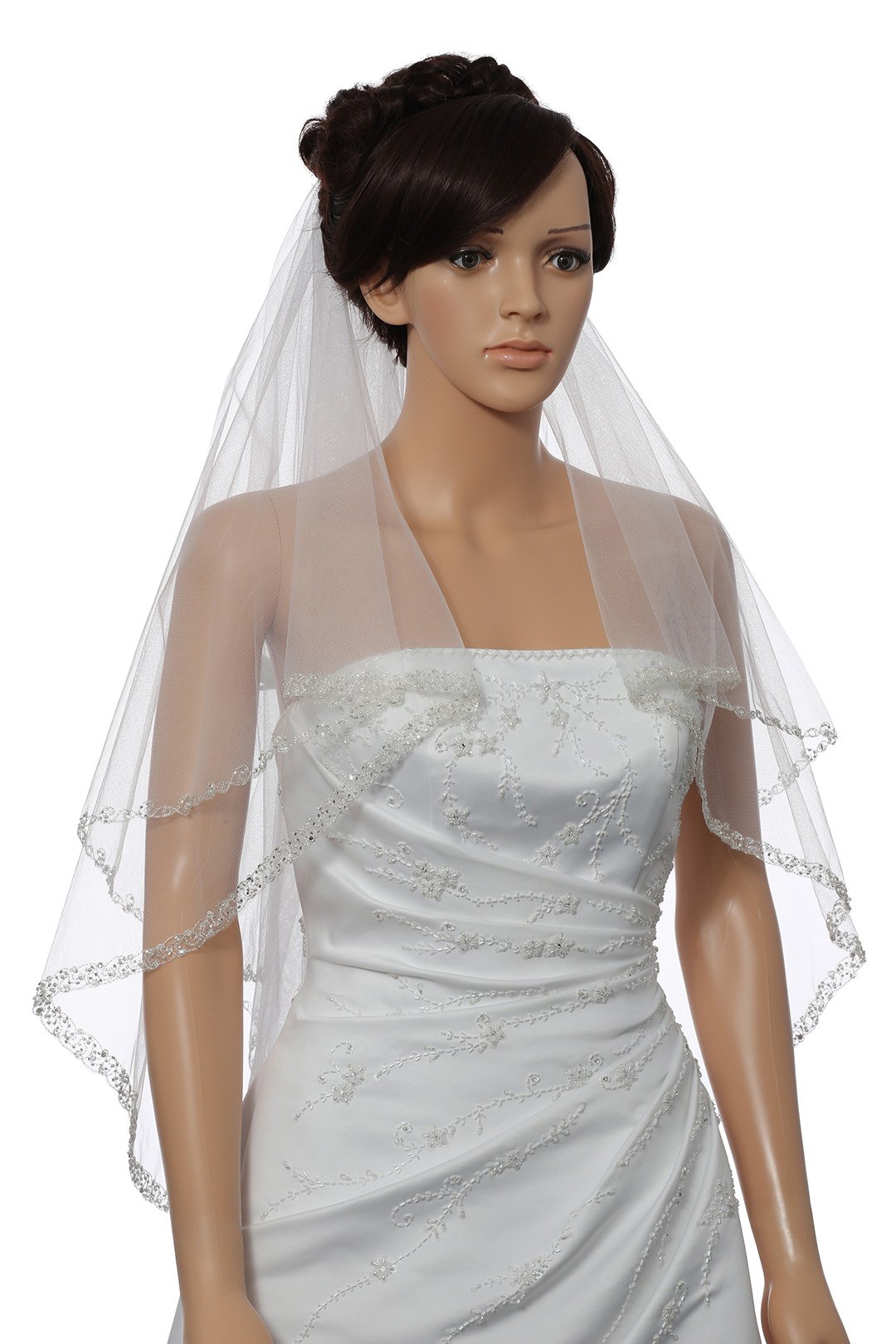 SAMKY 2T 2 Tier Dual Edge Embroided Pearl Crystal Beaded Veil - Light Ivory Fingertip Length 36" V453