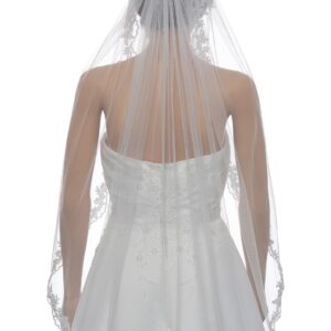 1T 1 Tier Flower Scallop Embroided Lace Pearl Veil - Ivory Fingertip Length 36" V467