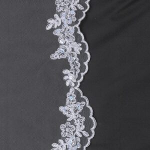 1T 1 Tier Flower Scallop Embroided Lace Pearl Veil - Ivory Fingertip Length 36" V467