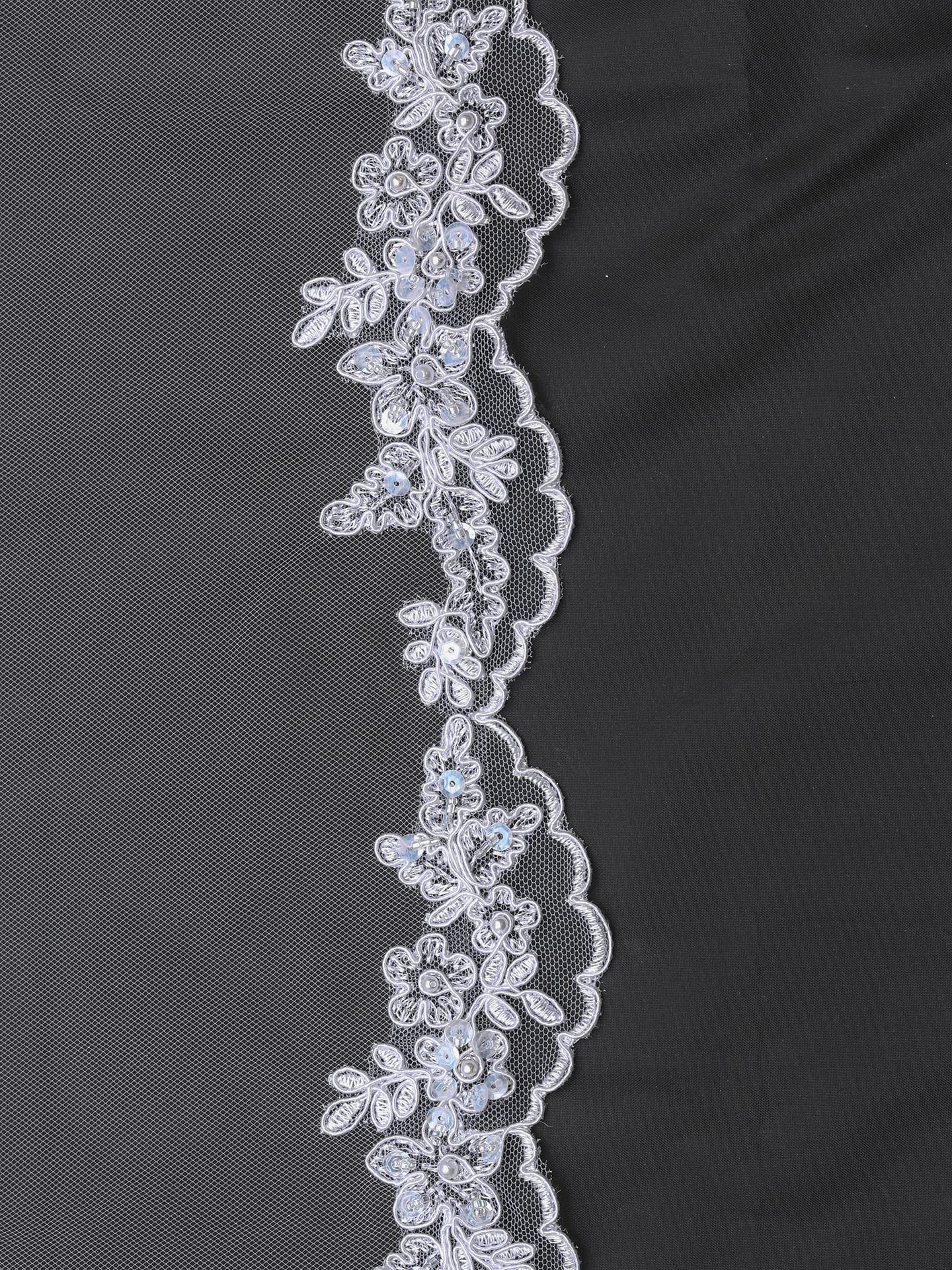 1T 1 Tier Flower Scallop Embroided Lace Pearl Veil - Ivory Fingertip Length 36" V467