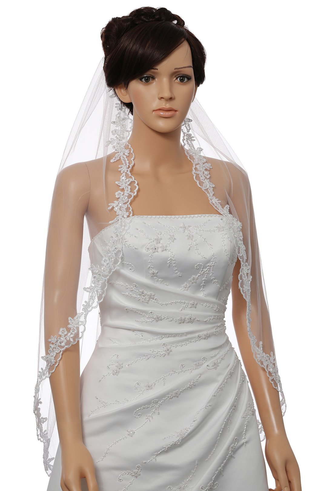 1T 1 Tier Flower Scallop Embroided Lace Pearl Veil - Ivory Fingertip Length 36" V467