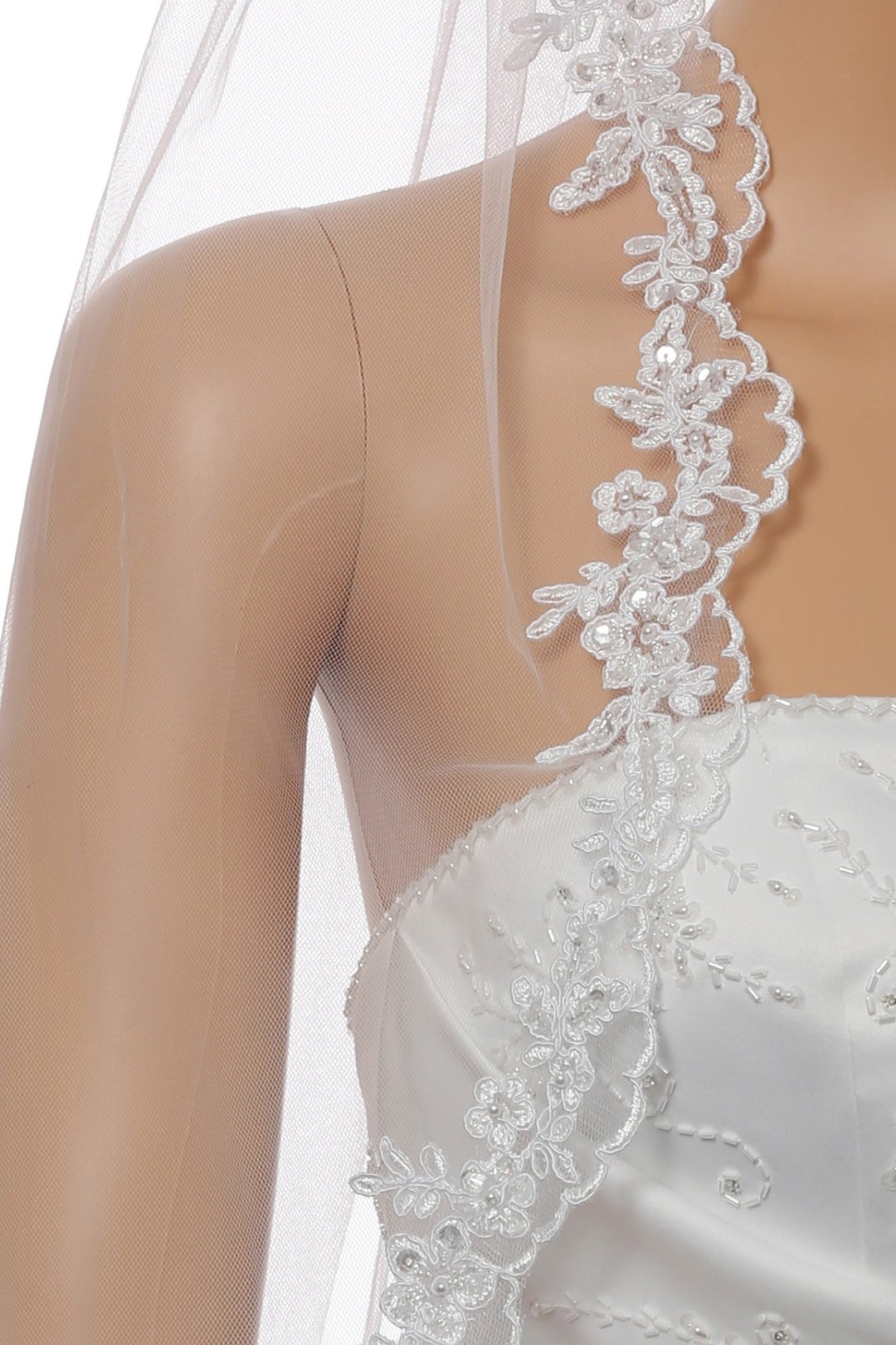 1T 1 Tier Flower Scallop Embroided Lace Pearl Veil - Ivory Fingertip Length 36" V467