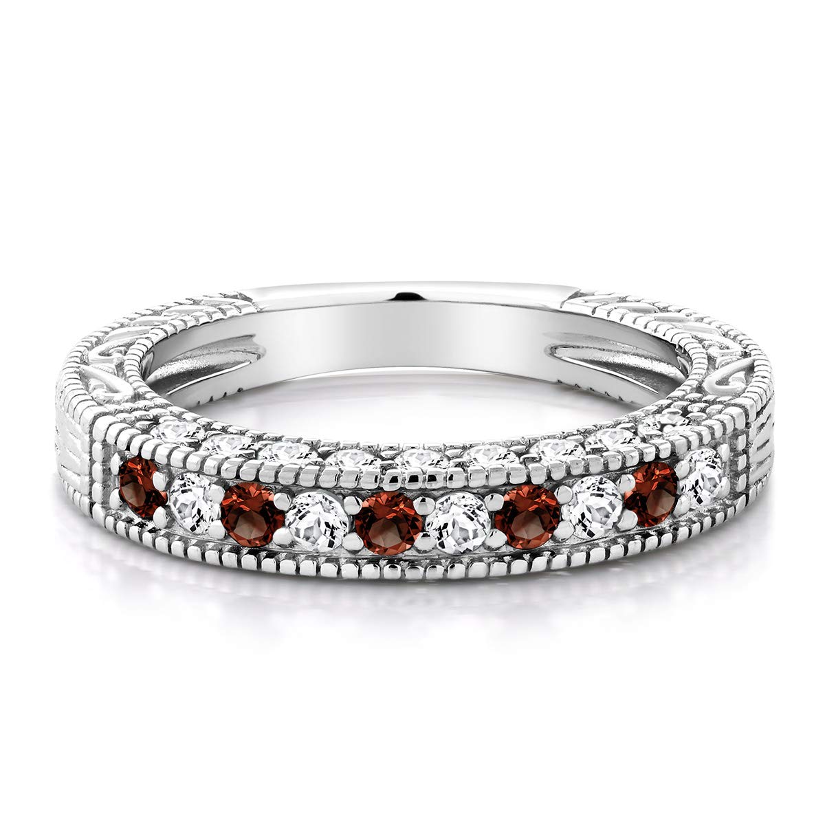 1.00 Ct Garnet and White Created Sapphire 925 Sterling Silver Ladies Anniversary Wedding Band Ring,Red and White, ring size 8