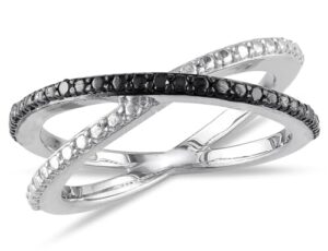 black diamond criss-cross ring in sterling silver