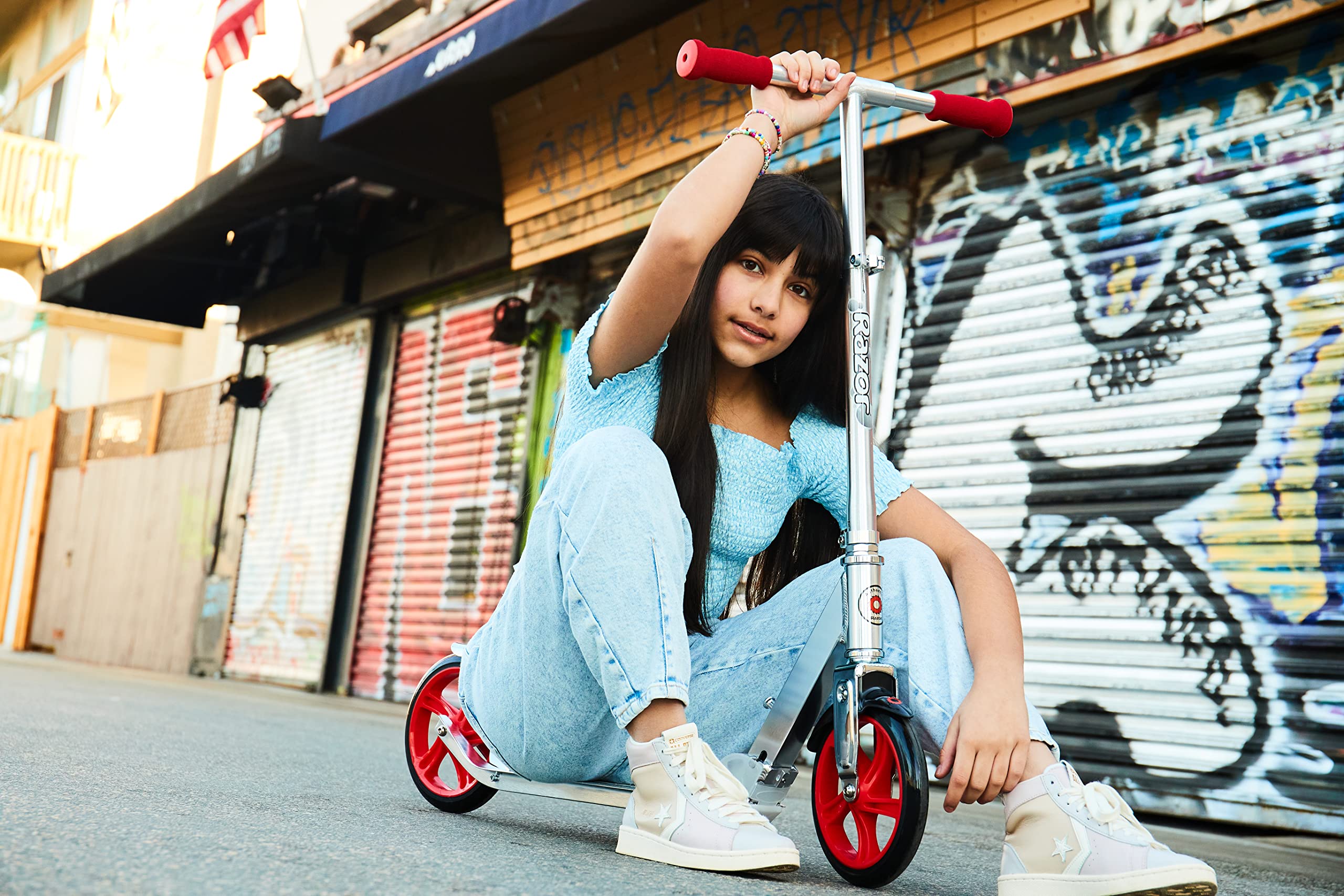 Razor A5 Lux Kick Scooter for Kids Ages 8+ - 8" Urethane Wheels, Anodized Finish Featuring Bold Colors and Graphics, for Riders up to 220 lbs