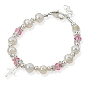 christening austrian pink crystals with cultured fresh water pearls and sterling silver cross charm luxury child unisex bracelet, baptism, communion (bfwcp_l)