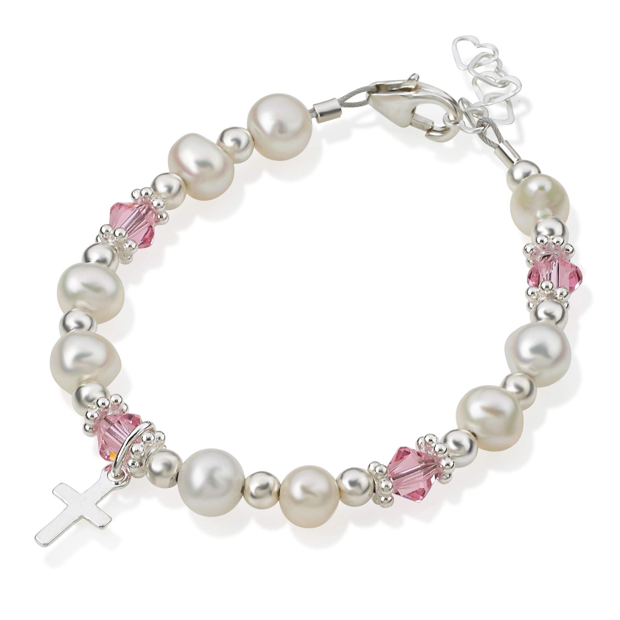 Christening Austrian Pink Crystals with Cultured Fresh Water Pearls and Sterling Silver Cross Charm Luxury Child Unisex Bracelet, Baptism, Communion (BFWCP_L)