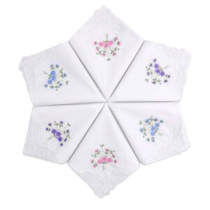 selected hanky women's cotton handkerchiefs flower embroidered with lace, ladies hankies 6 pcs - assorted