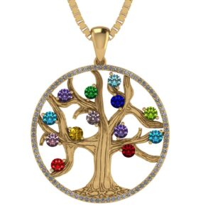 central diamond center tree of life mothers necklace with 1-13 birthstones, 1mm box chain - yellow gold plated silver cz bezel