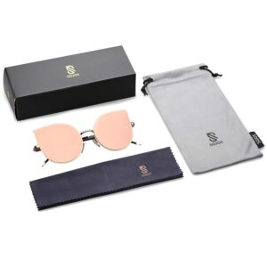 SOJOS Cat Eye Mirrored Flat Lenses Ultra Thin Light Metal Frame Women Sunglasses SJ1022 with Gold Frame/Pink Mirrored Lens