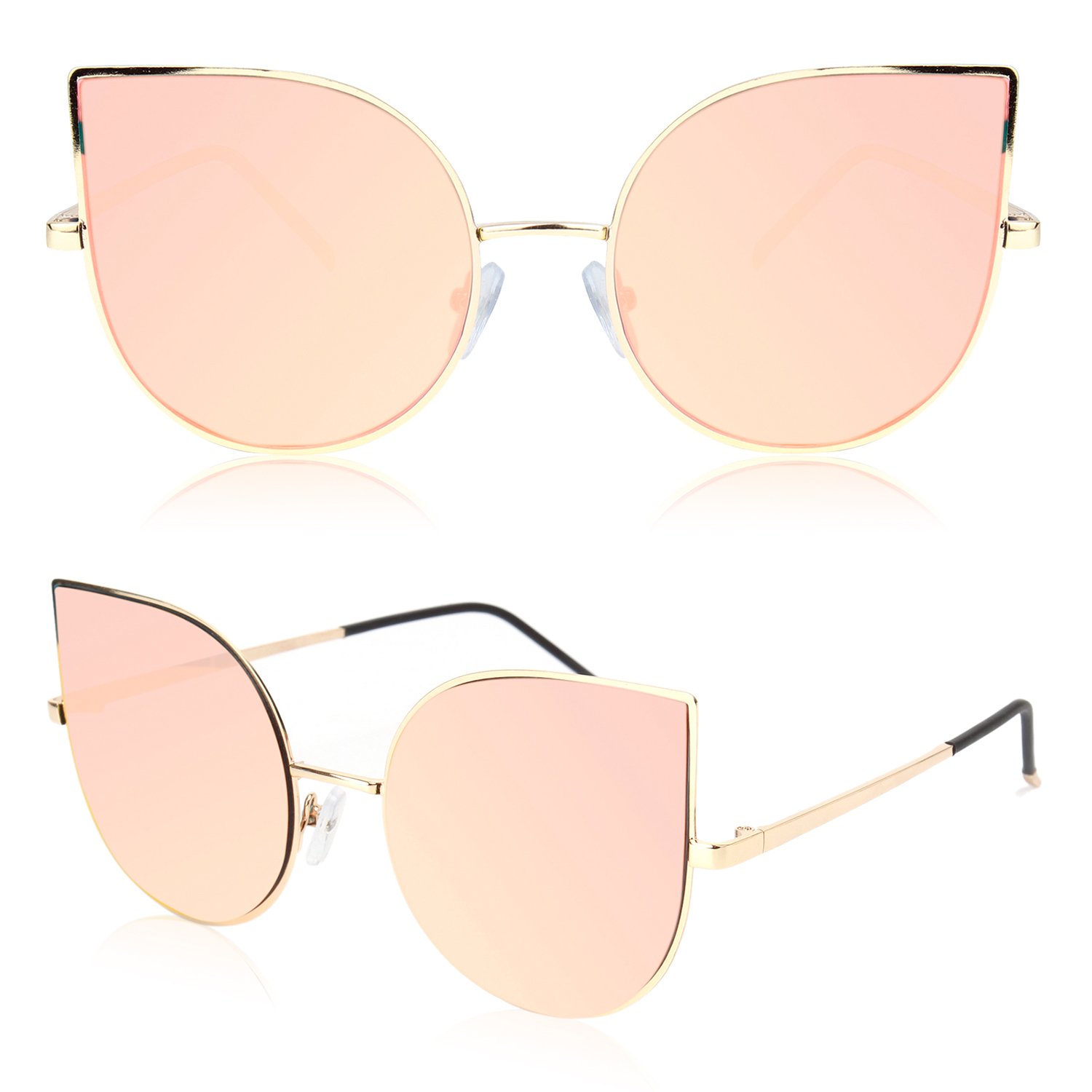 SOJOS Cat Eye Mirrored Flat Lenses Ultra Thin Light Metal Frame Women Sunglasses SJ1022 with Gold Frame/Pink Mirrored Lens