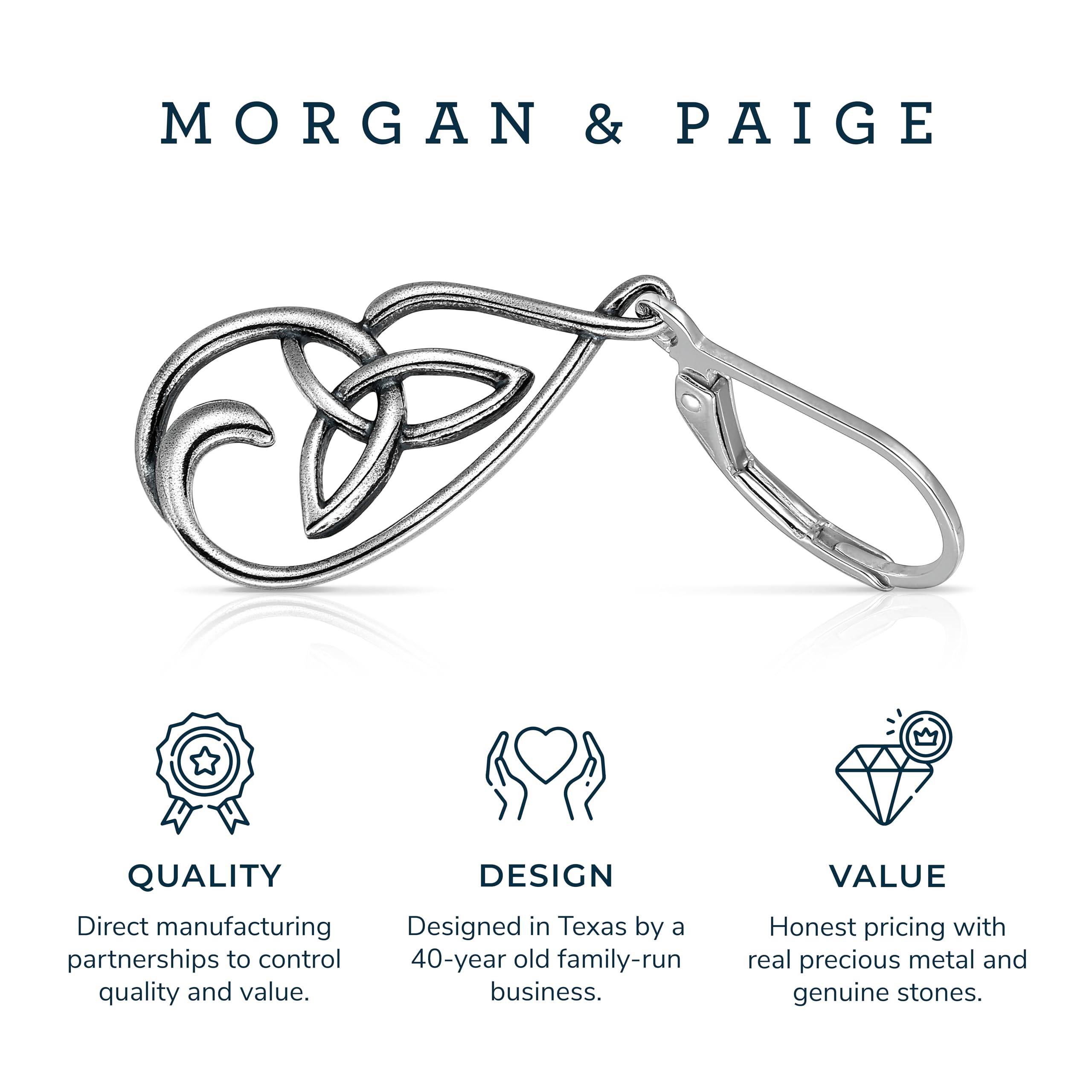 MORGAN & PAIGE Trinity KnotCeltic Knot Dangle Earrings for Women - 925 Sterling Silver Drop Earring Design, Lightweight and Hypoallergenic for Sensitive Ears with Secure Clasp