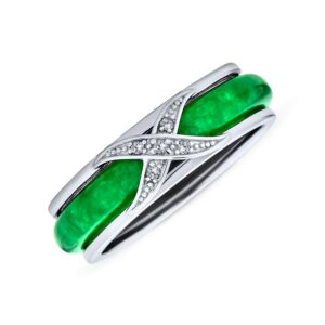 bling jewelry 925 sterling silver jade cubic zirconia crossover motif band,green,6