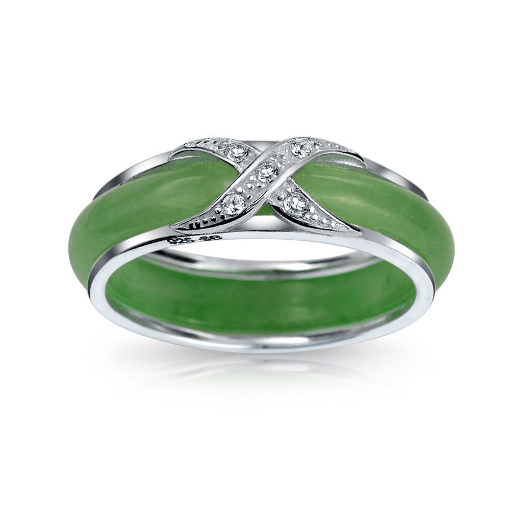 Bling Jewelry 925 Sterling Silver Jade Cubic Zirconia Crossover Motif Band,Green,6