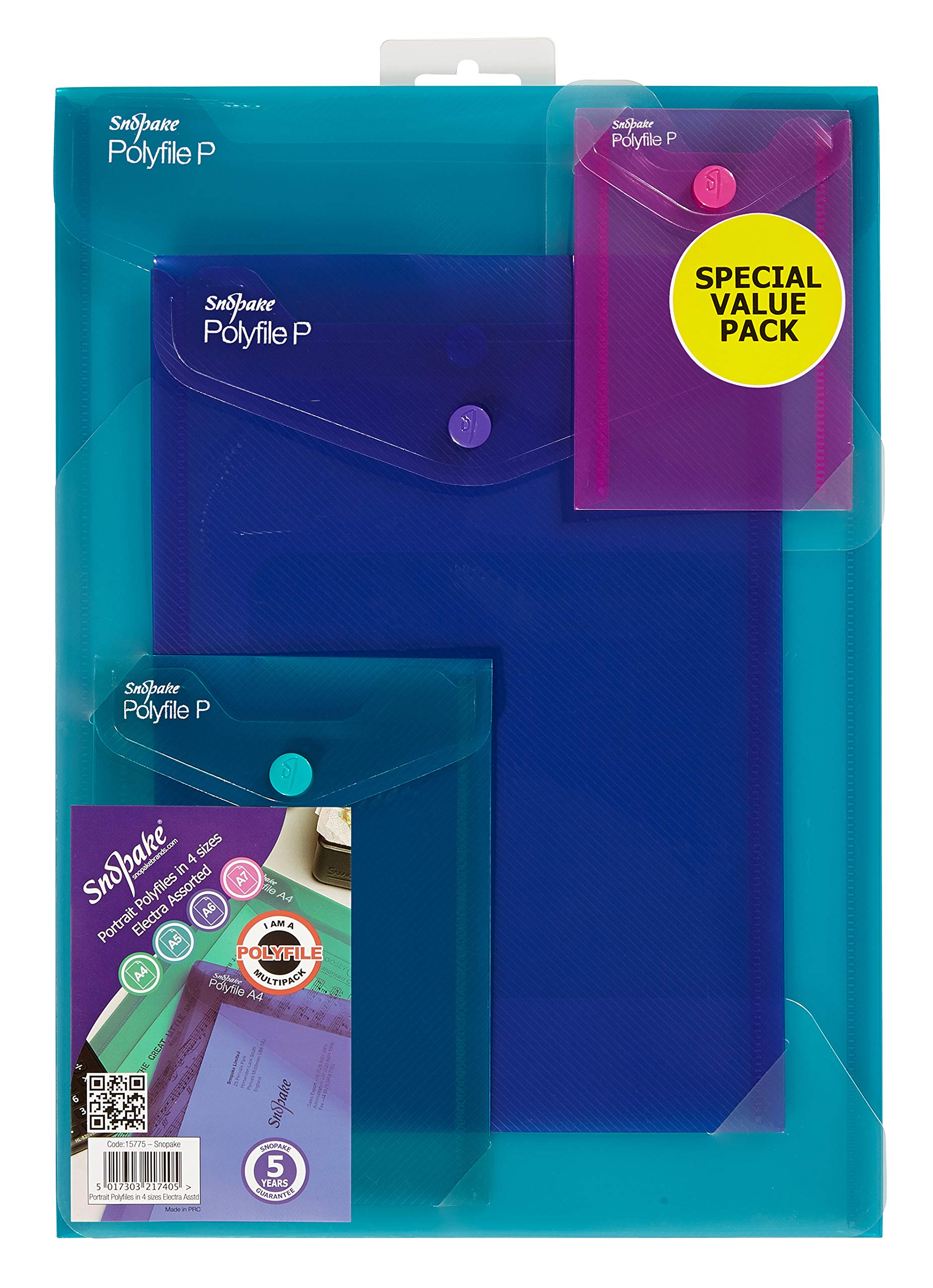 Snopake Portrait Polyfile Electra Assorted Set [Pack of 4] Popper/Document Wallet with Press Stud Closure [15775]