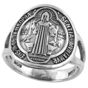 sterling silver saint benedict ring 11/16 inch wide, size 10