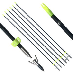 e5e10 archery bowfishing arrows hunting 34inch solid fiberglass arrows with broadhead for compound bow and recurve bow 6pcs (black)