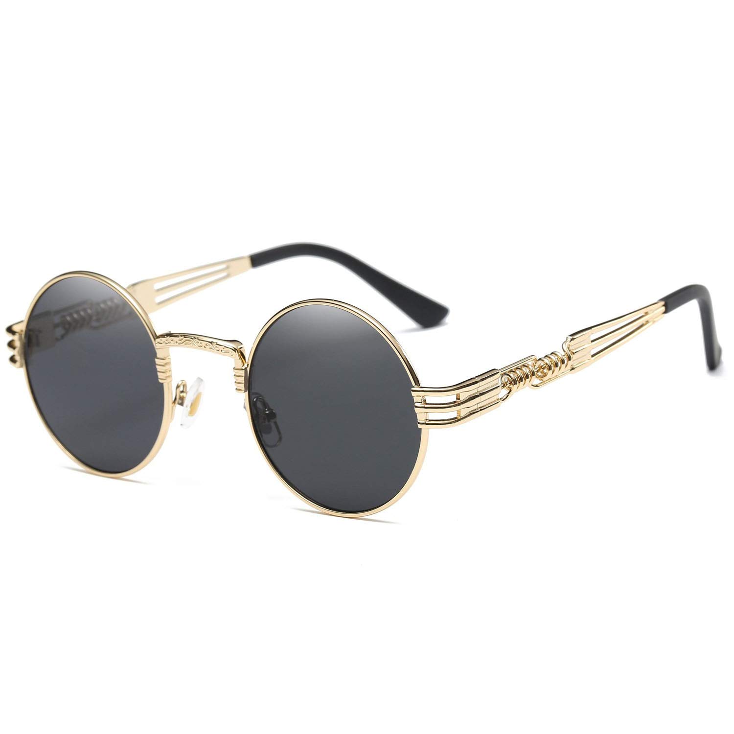 Dollger Round Sunglasses Black Steampunk Glasses Gold Metal Frame Mirror Lens Sunglasses