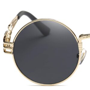 Dollger Round Sunglasses Black Steampunk Glasses Gold Metal Frame Mirror Lens Sunglasses