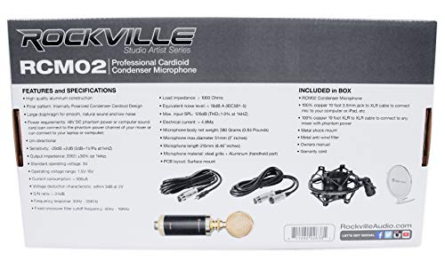 Rockville RCM02 Pro Studio Recording Condenser Microphone Mic+Metal Shock Mount, Black