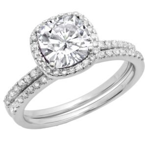 dazzlingrock collection cushion lab created white sapphire & round natural white diamond bridal halo engagement ring set, 10k white gold, size 7