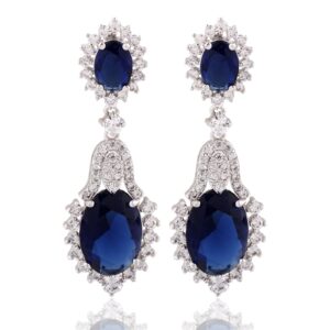 gulicx vintage design long luxury oval cz stone silver tone blue -sapphire color drop earrings